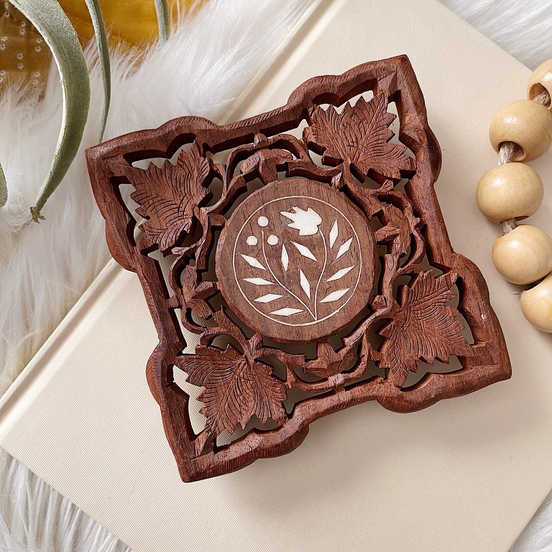 Vintage Carved Wood Trivet With Inlay Designs Small Plant Stand - Etsy