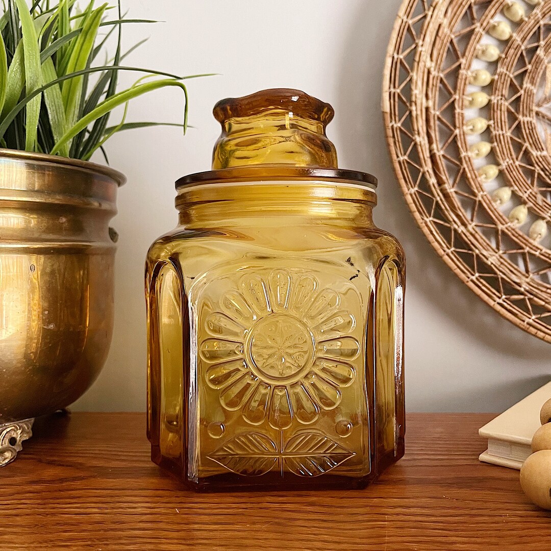 Vintage Wheaton Sunflower Amber Glass Lidded Jar Kitchen Storage ...