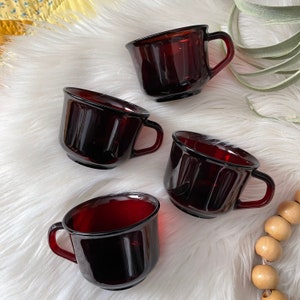 Vintage Ruby Red Glass Mugs Tea Cups Set of 4 Arcoroc French Glassware ...