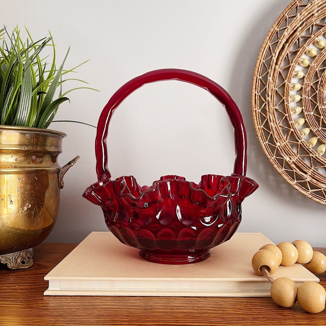 Vintage Ruby Red Fenton Glass Basket Collectible, Thumb Print Ruffled ...