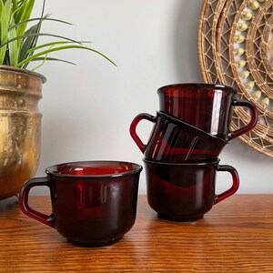 Vintage Ruby Red Glass Mugs Tea Cups Set of 4 Arcoroc French Glassware ...