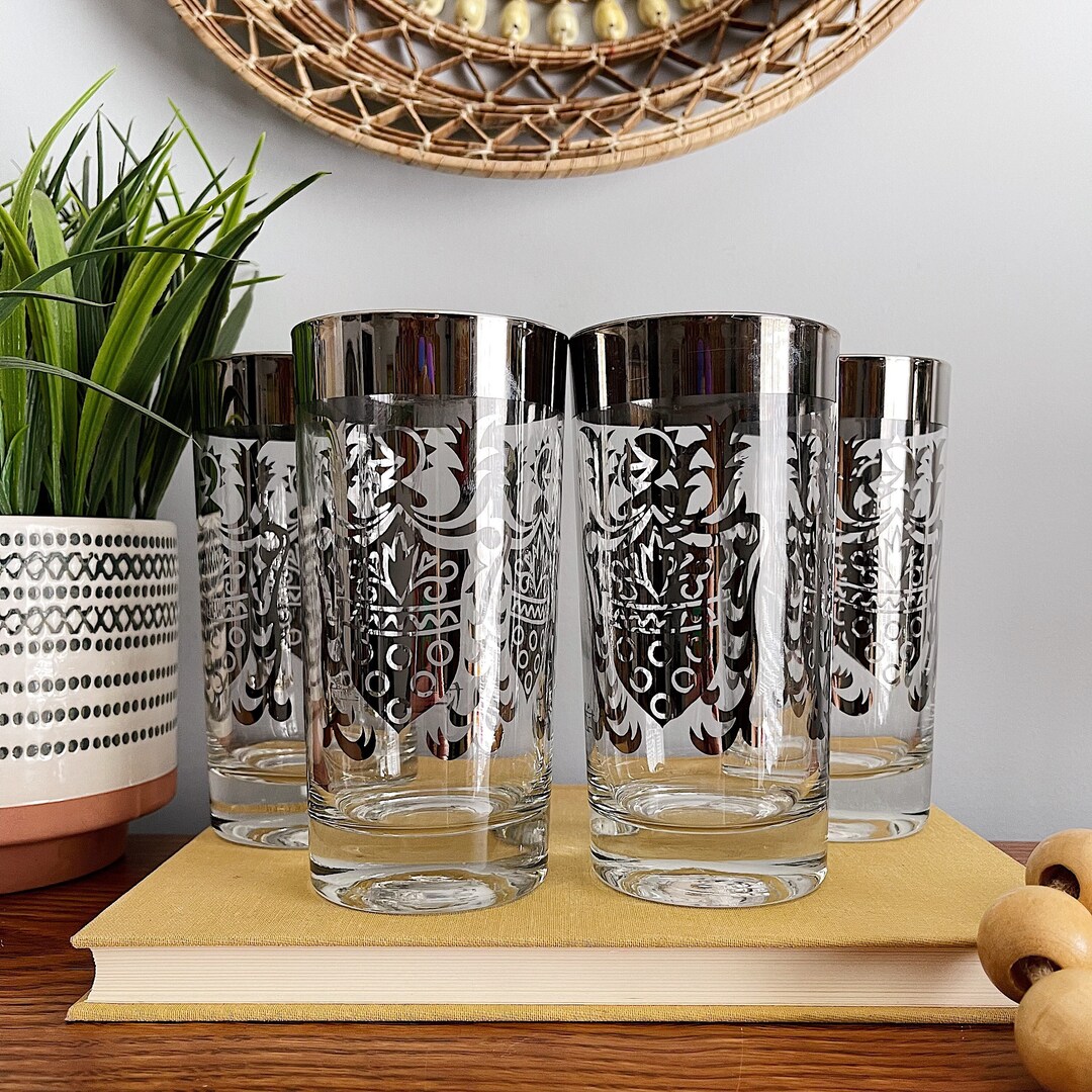 Vintage Midcentury Kimiko Silver Knight Coat of Arms Highball Glassware ...