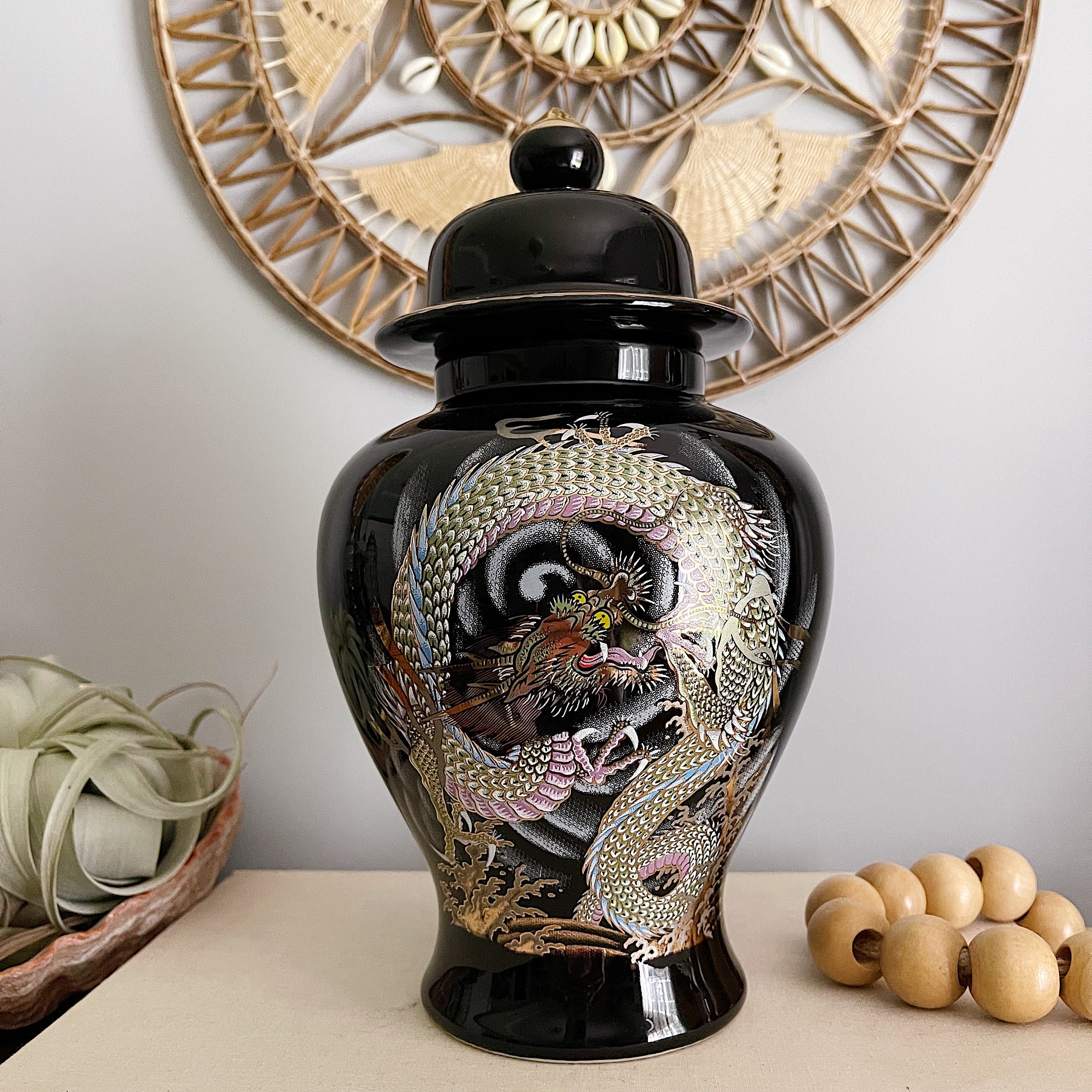 Home Décor Home & Living Bulbous Vase with Lid Chinoiserie Decor Urn ...