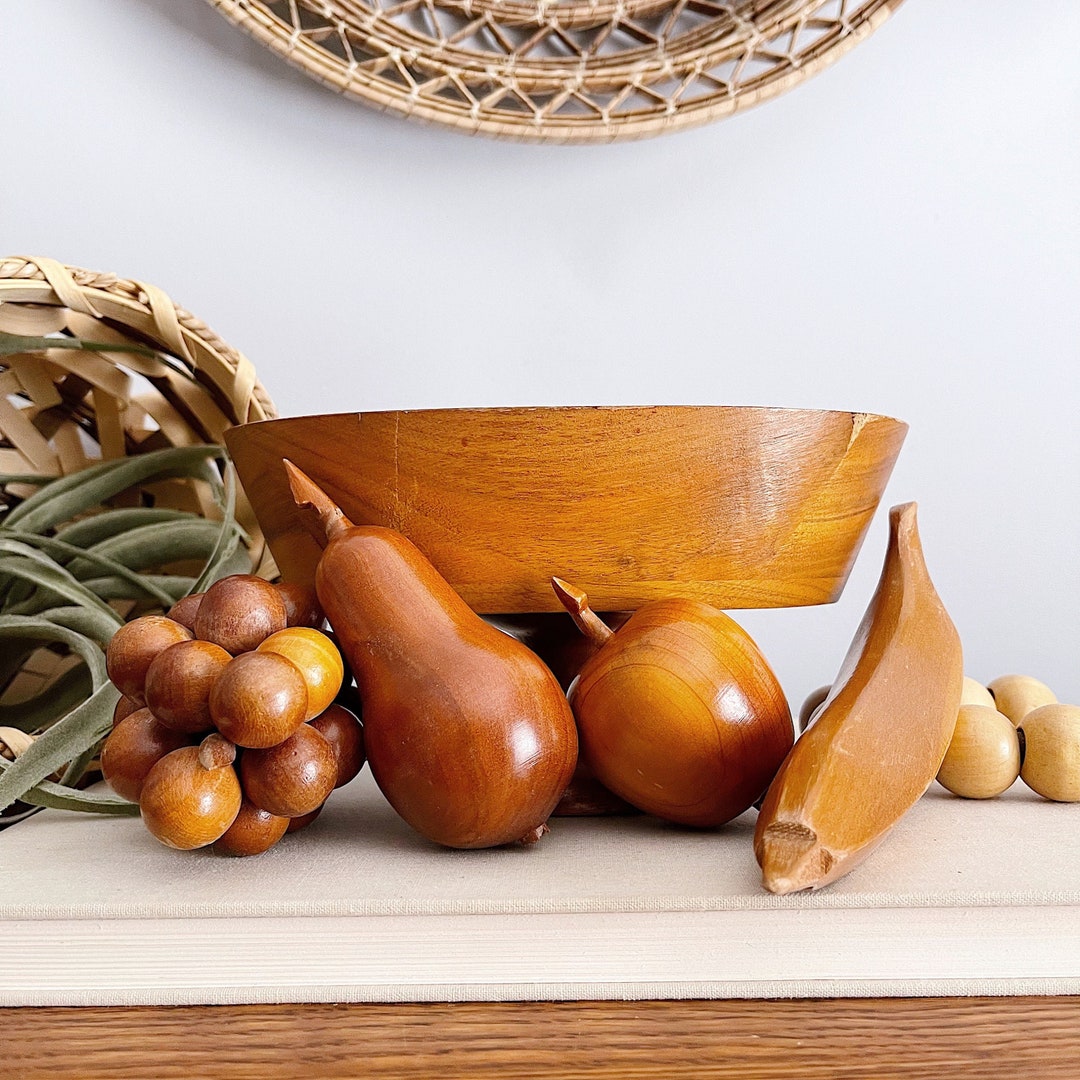 Vintage Monkey-pod Wood Fruit Set of 4 With Pedestal Bowl - Etsy