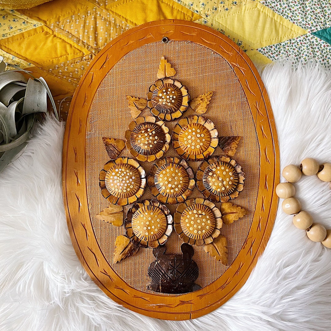 Vintage Coconut Shell Sunflower Art, Philippine Folk Art, Gallery Wall ...