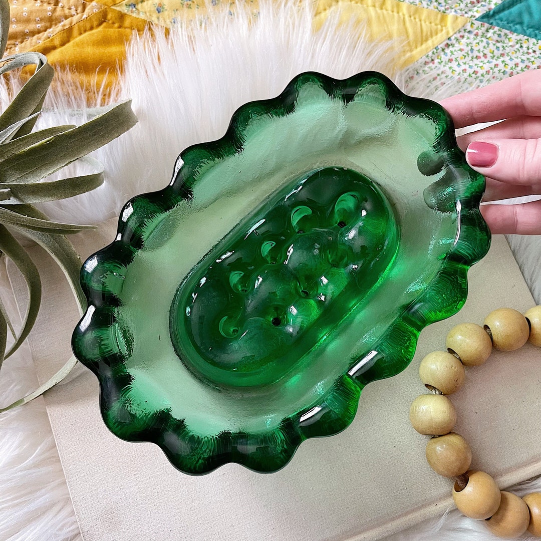 Vintage MCM Pebbled Green Glass Flower Frog / Tabletop Floral ...