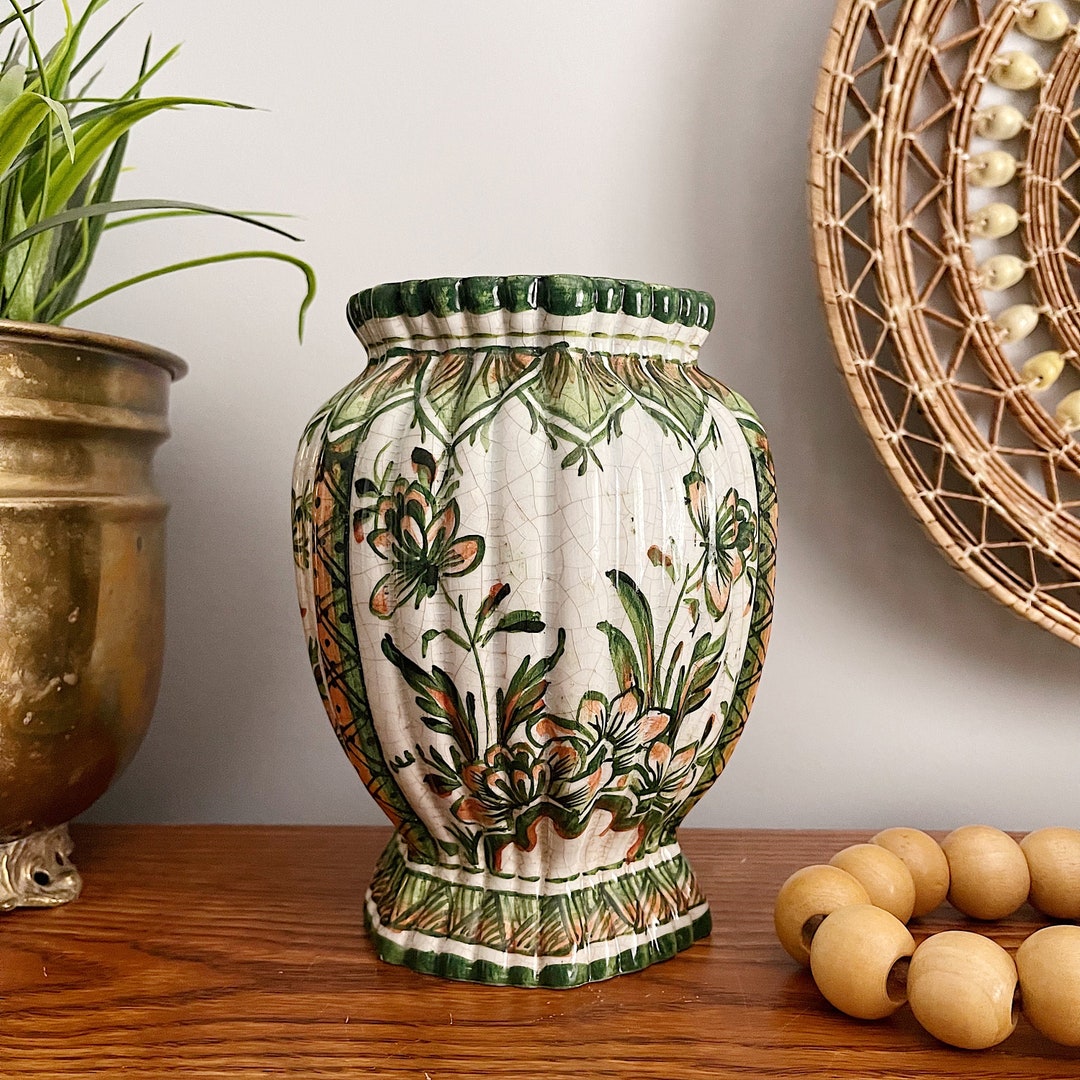 Vintage Italian Floral Crackle Glaze Ceramic Vase by Meiselman Imports ...