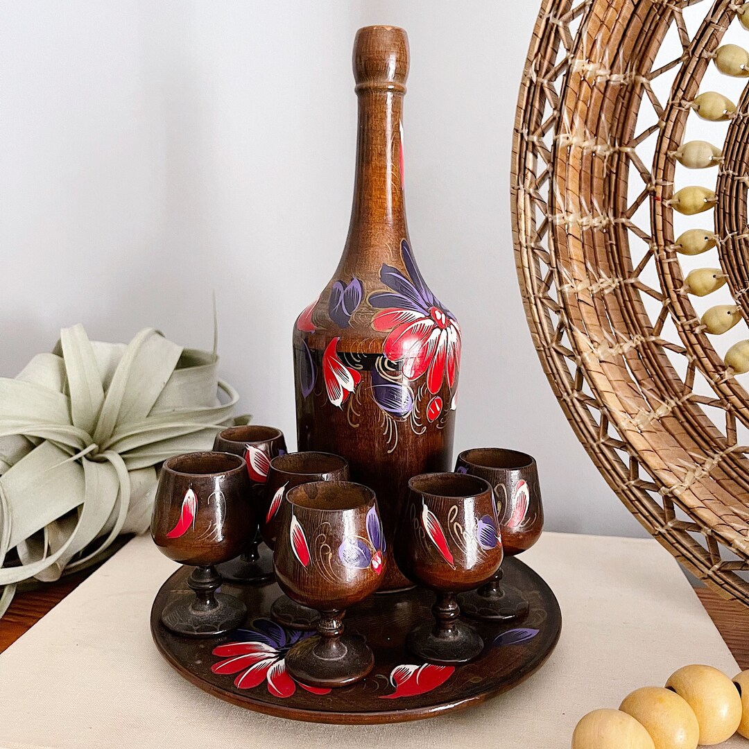 Vintage Wooden Folk Art Drinking Set - Hand Painted Decanter & Mini ...