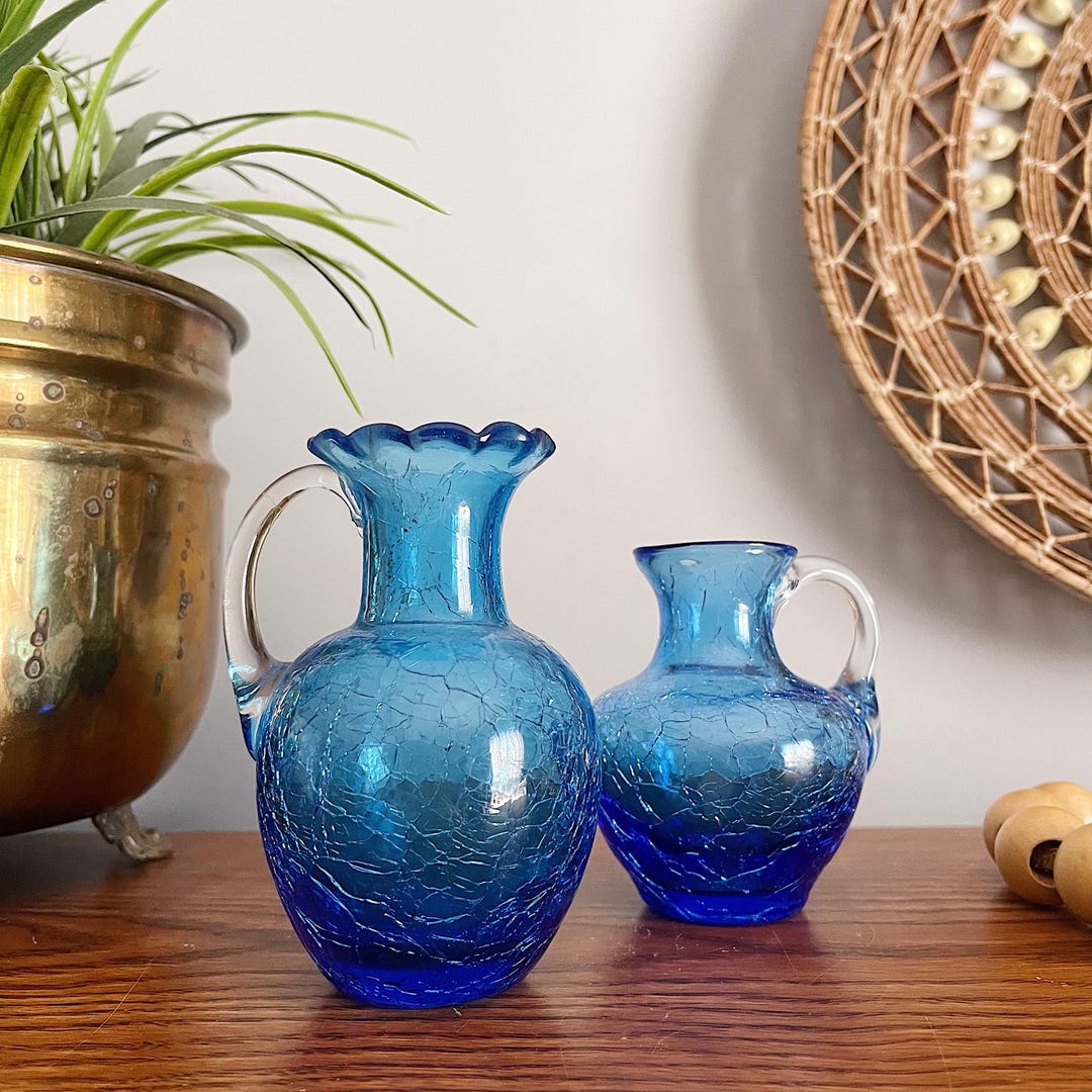 Vintage Set of 2 Pilgrim Blue Glass Crackle Art Glass Miniature ...