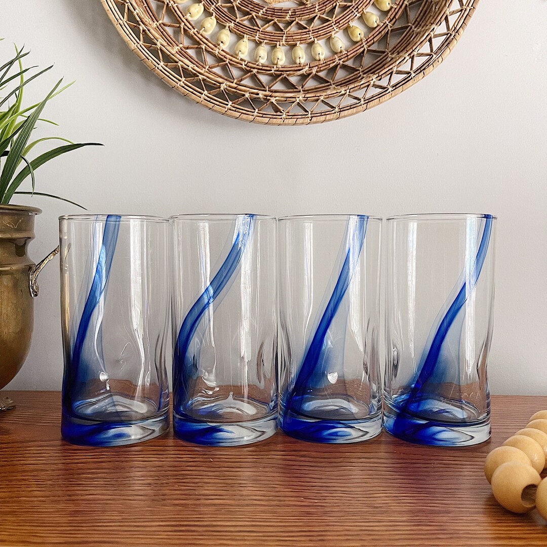 Vintage Libbey Crisa Glass Cobalt Blue Ribbon Thumbprint Set of 4 ...