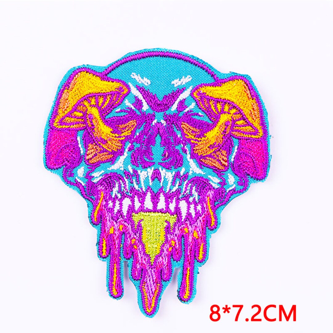 Trippy Skull Patch Pink and Blue Skull Embroidery Trippy Mushroom Applique Jacket Men Clothing ...
