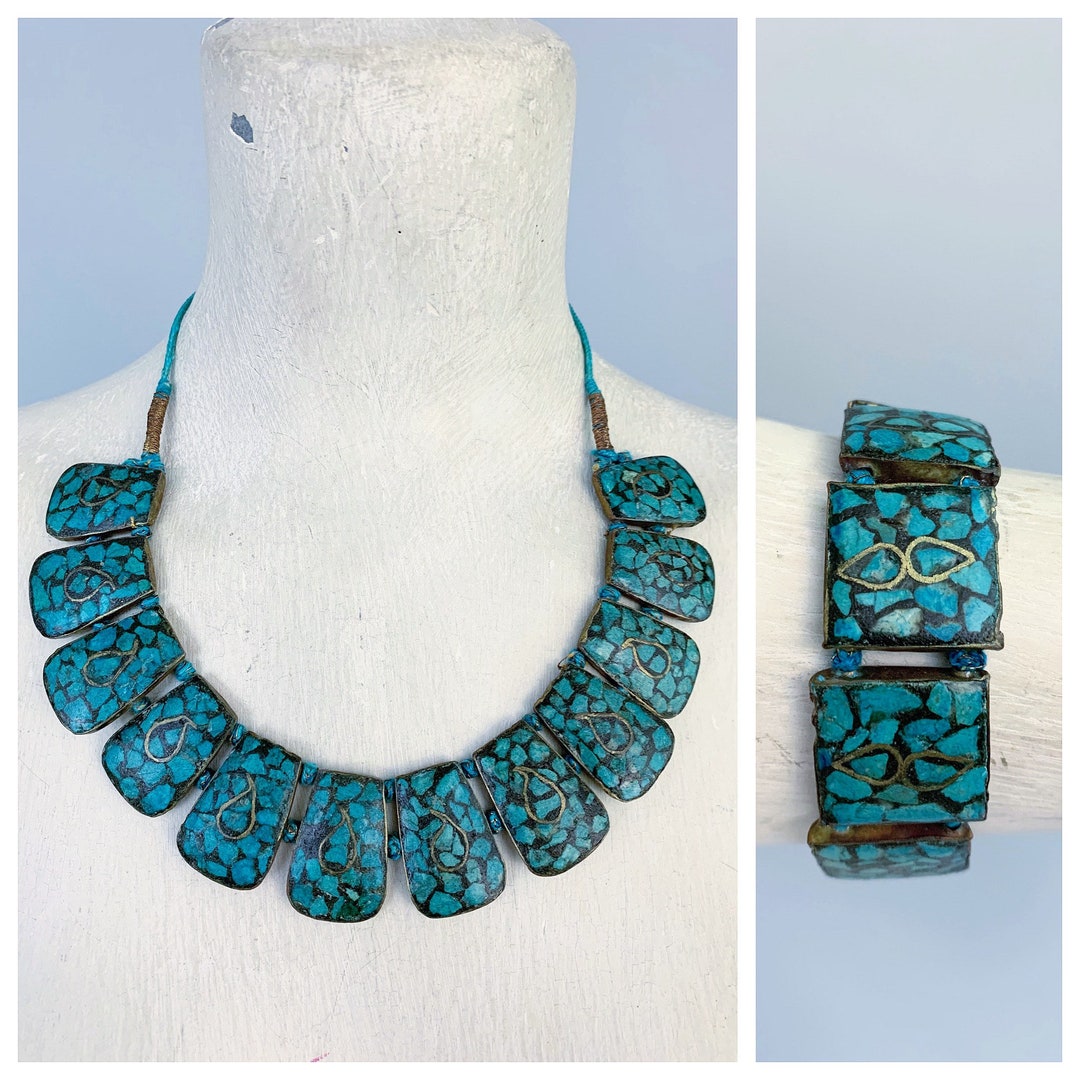 Vintage 30s Turquoise Inlay Necklace and Bracelet Set | 1930s India ...