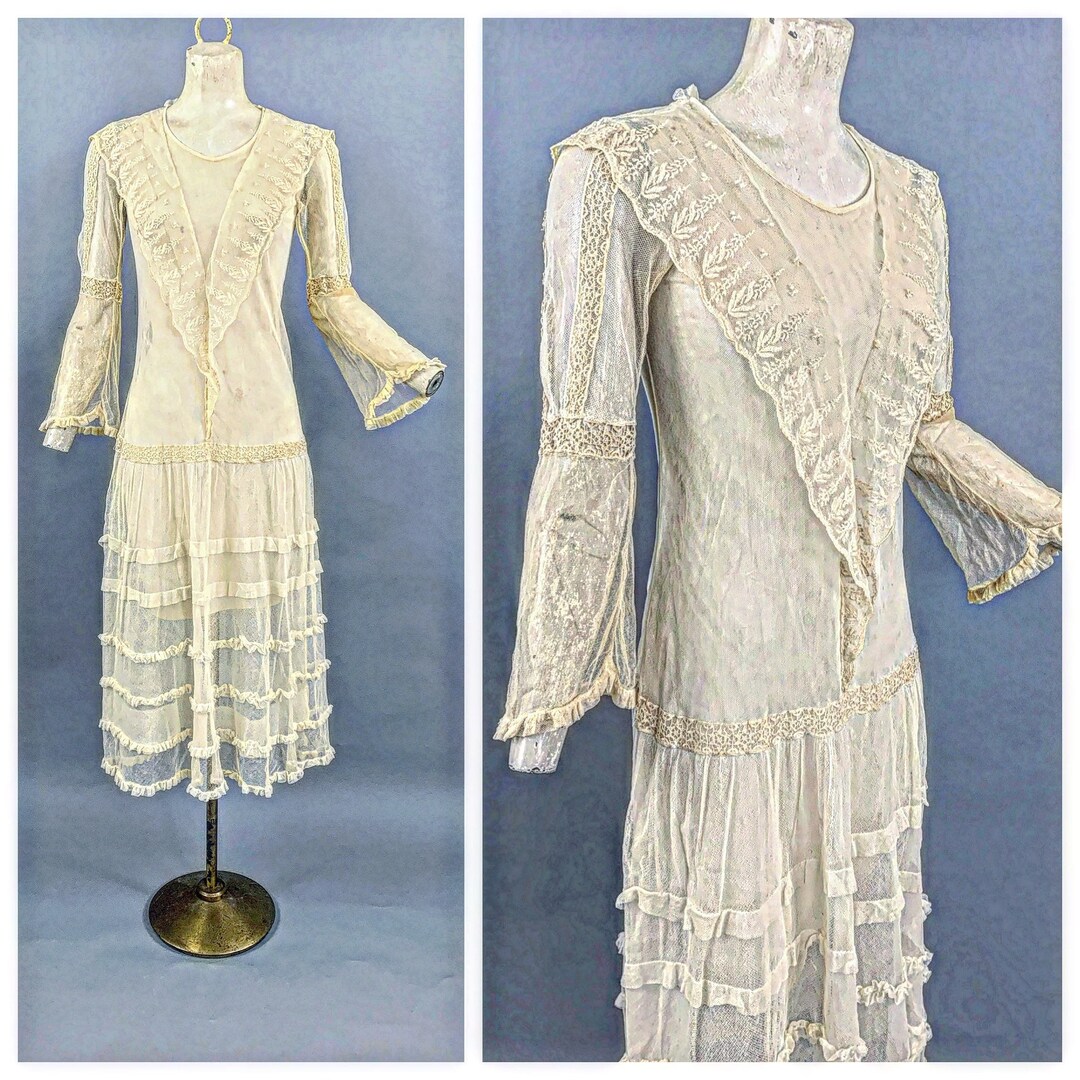 Antique Edwardian Net Dress | 1910s 1920s Ivory Hand Embroidered Net ...