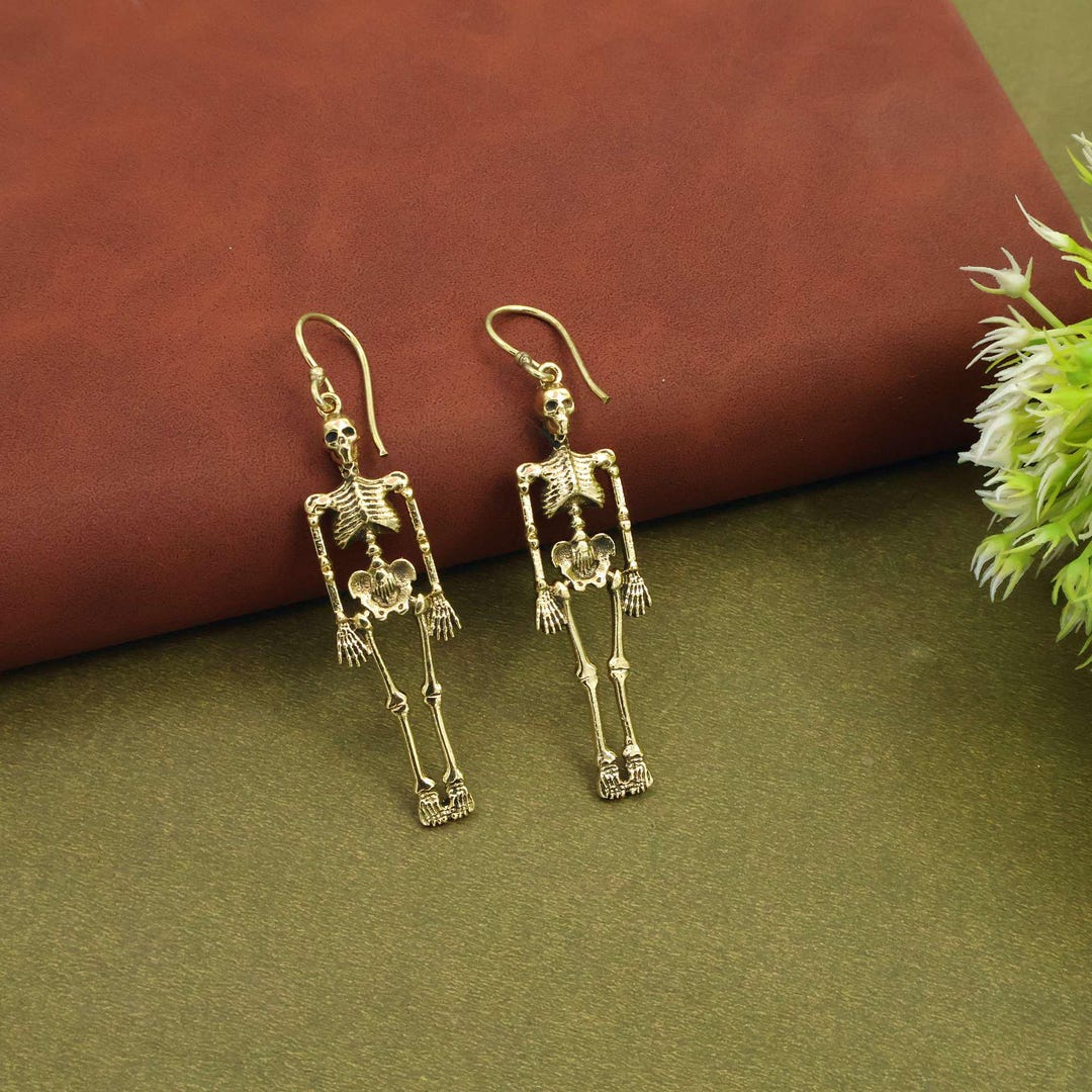 Golden Silver Skeleton Dangle Earrings Gothic Halloween Spooky Skull ...