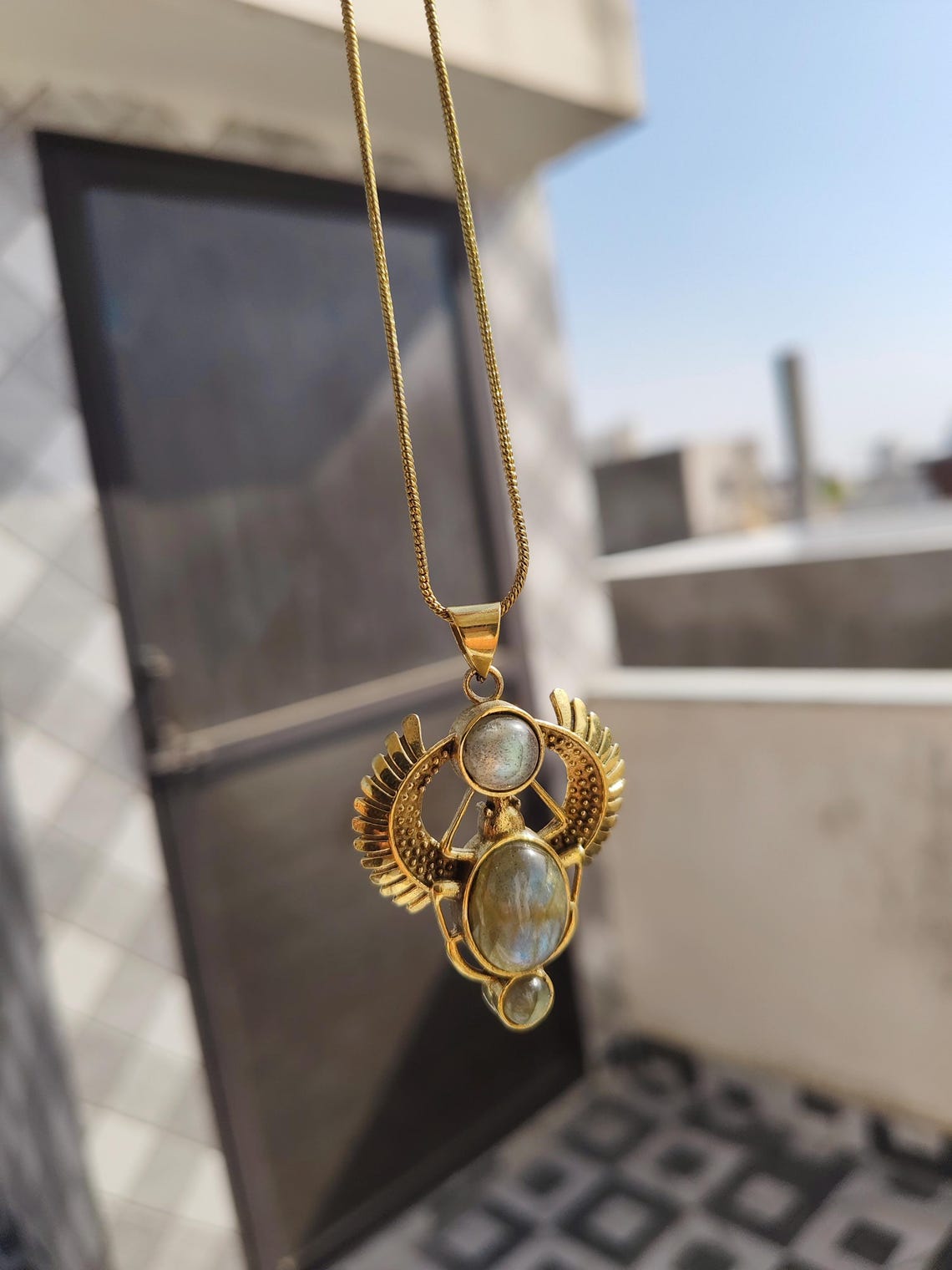 Golden Scrab Stone Pendant With Chain,brass Boho Stone Pendant Best ...
