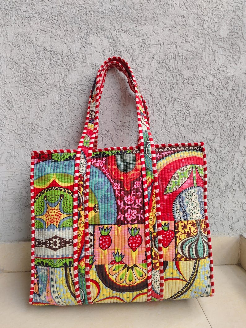 Colorful Fruit Patchwork Quilted Tote Bag – Handmade Kantha Stitch Boho ...