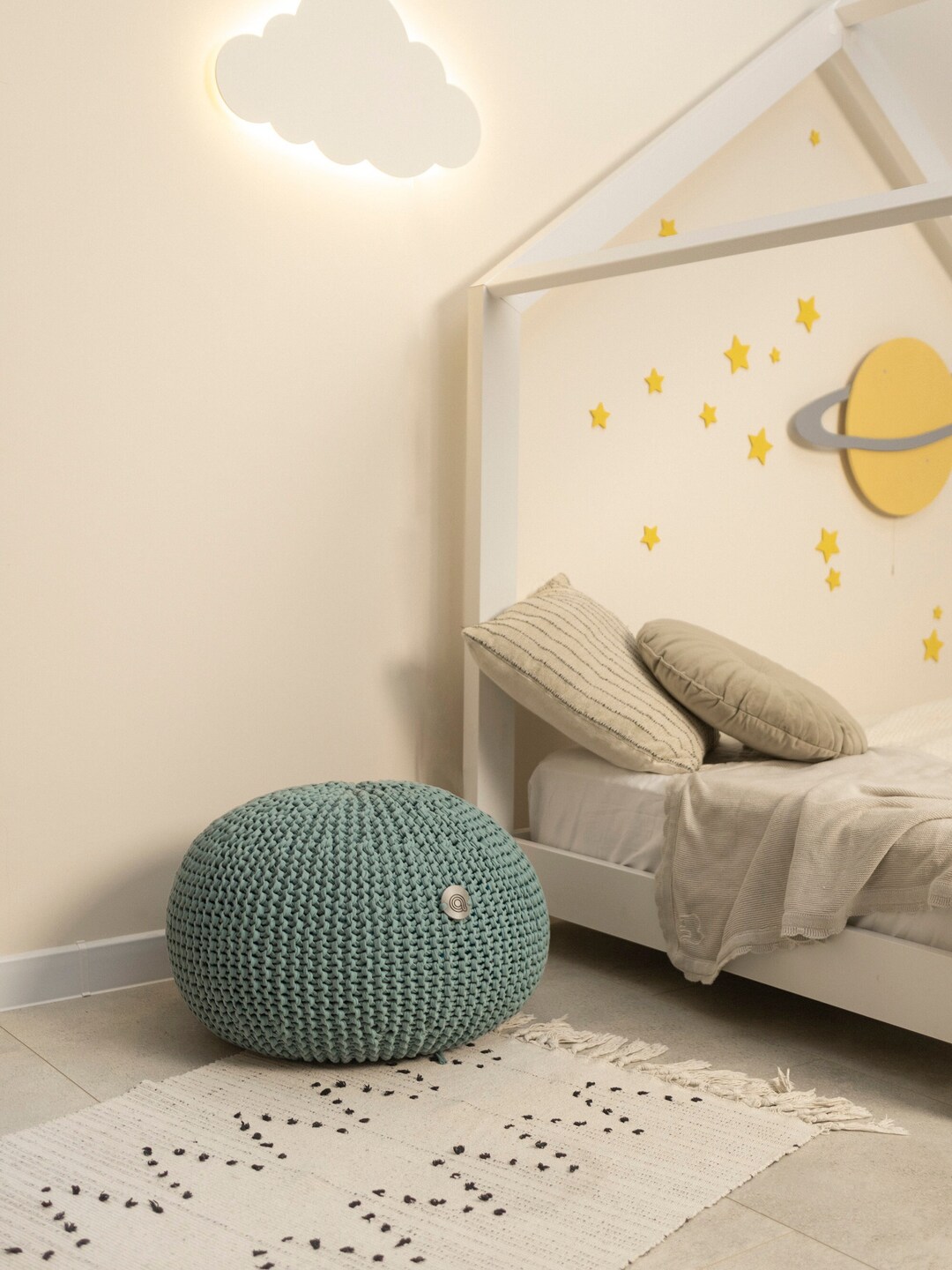 Boho Small Smoky Pouf for Kids Room Knitted Blue Pouf for Living Room ...