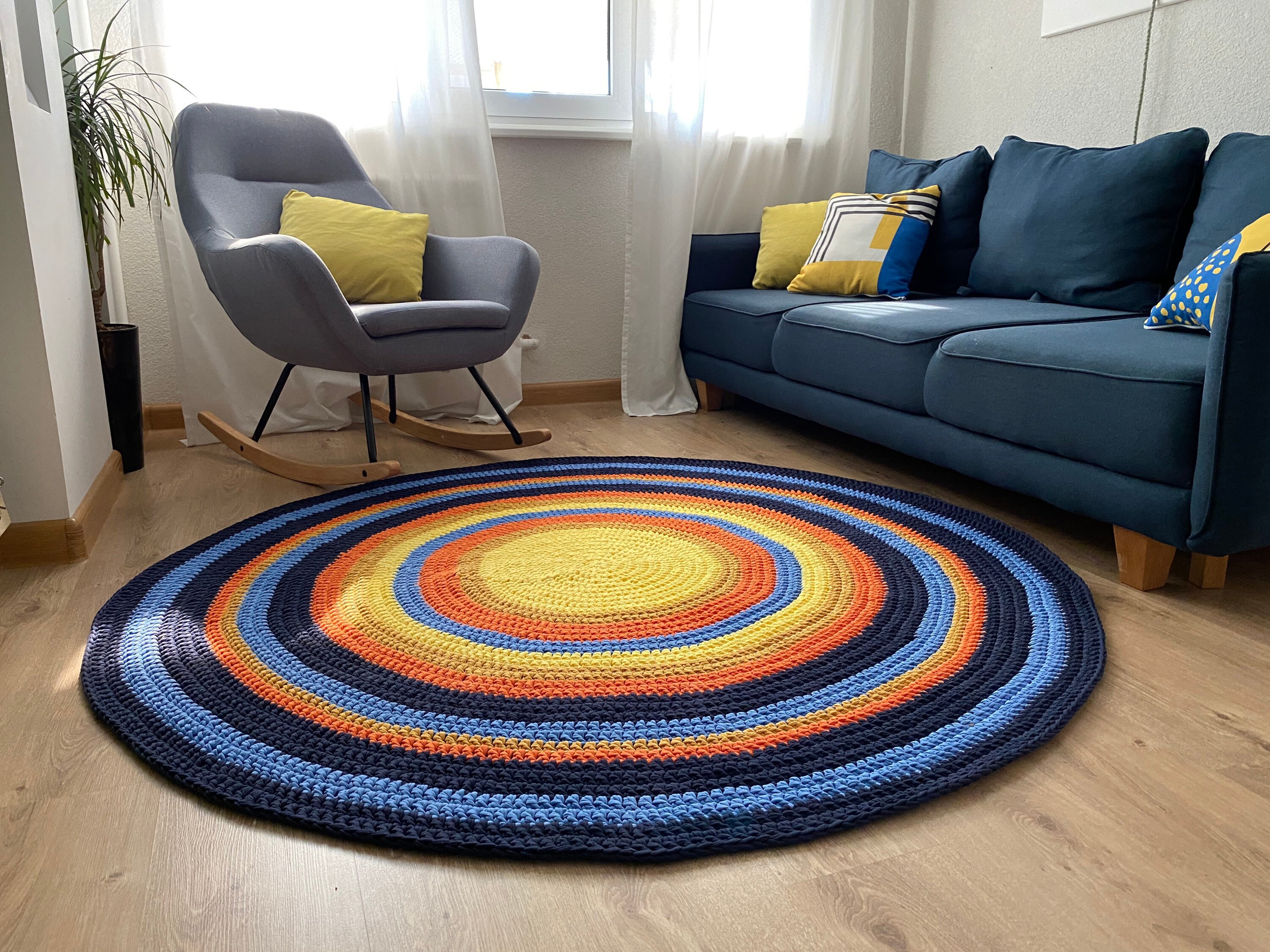 Round space rug yellow orange blue black striped bedroom | Etsy