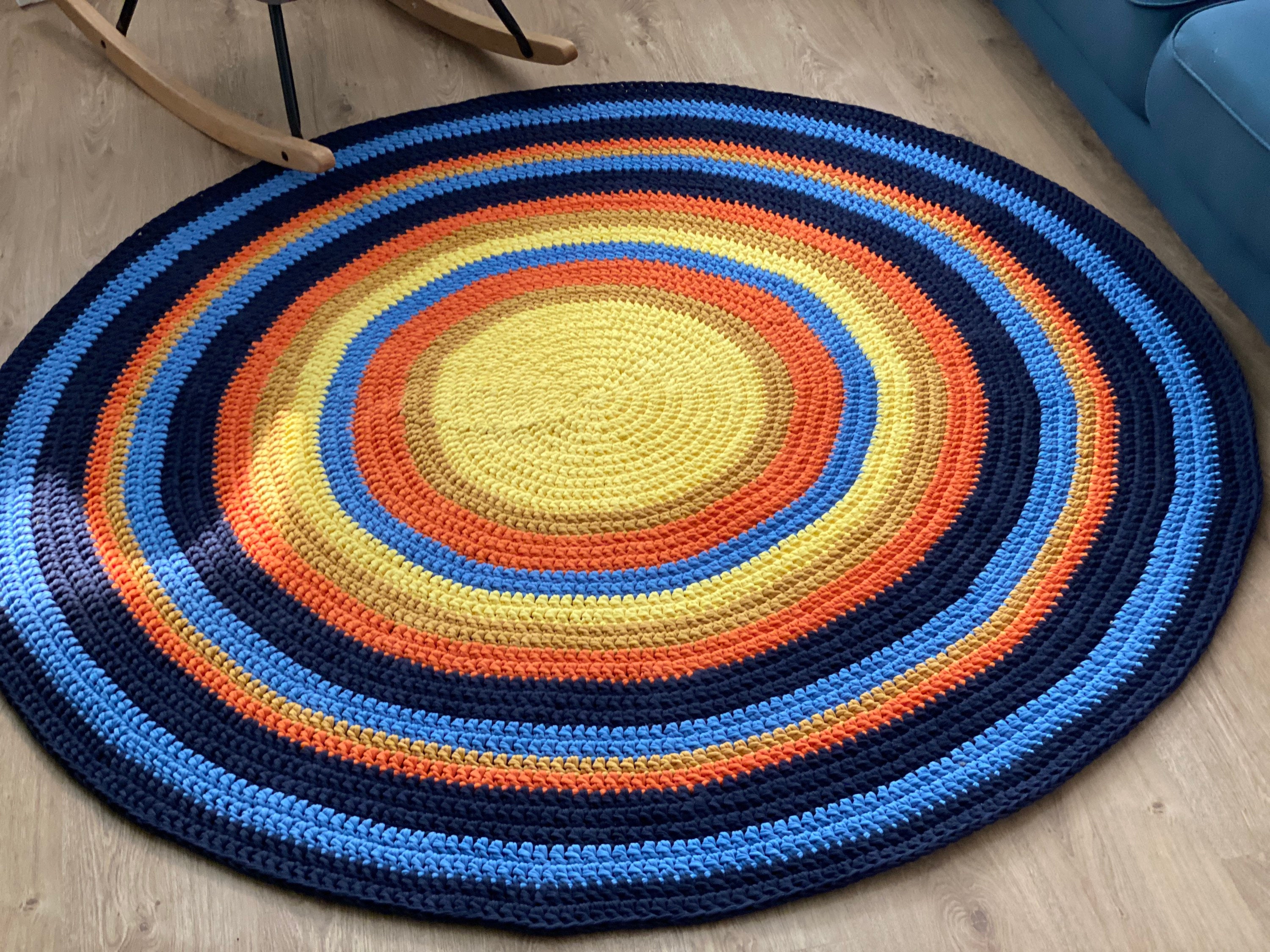 Round Space Rug Yellow Orange Blue Black Striped Bedroom - Etsy