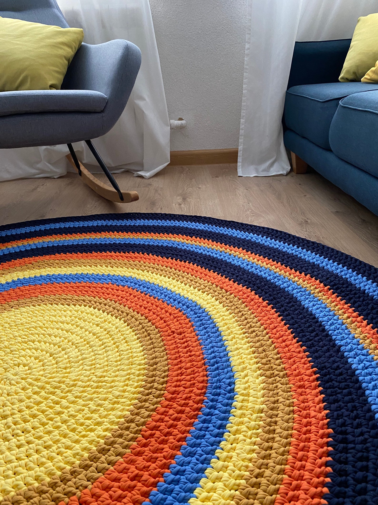 Round Space Rug Yellow Orange Blue Black Striped Bedroom - Etsy