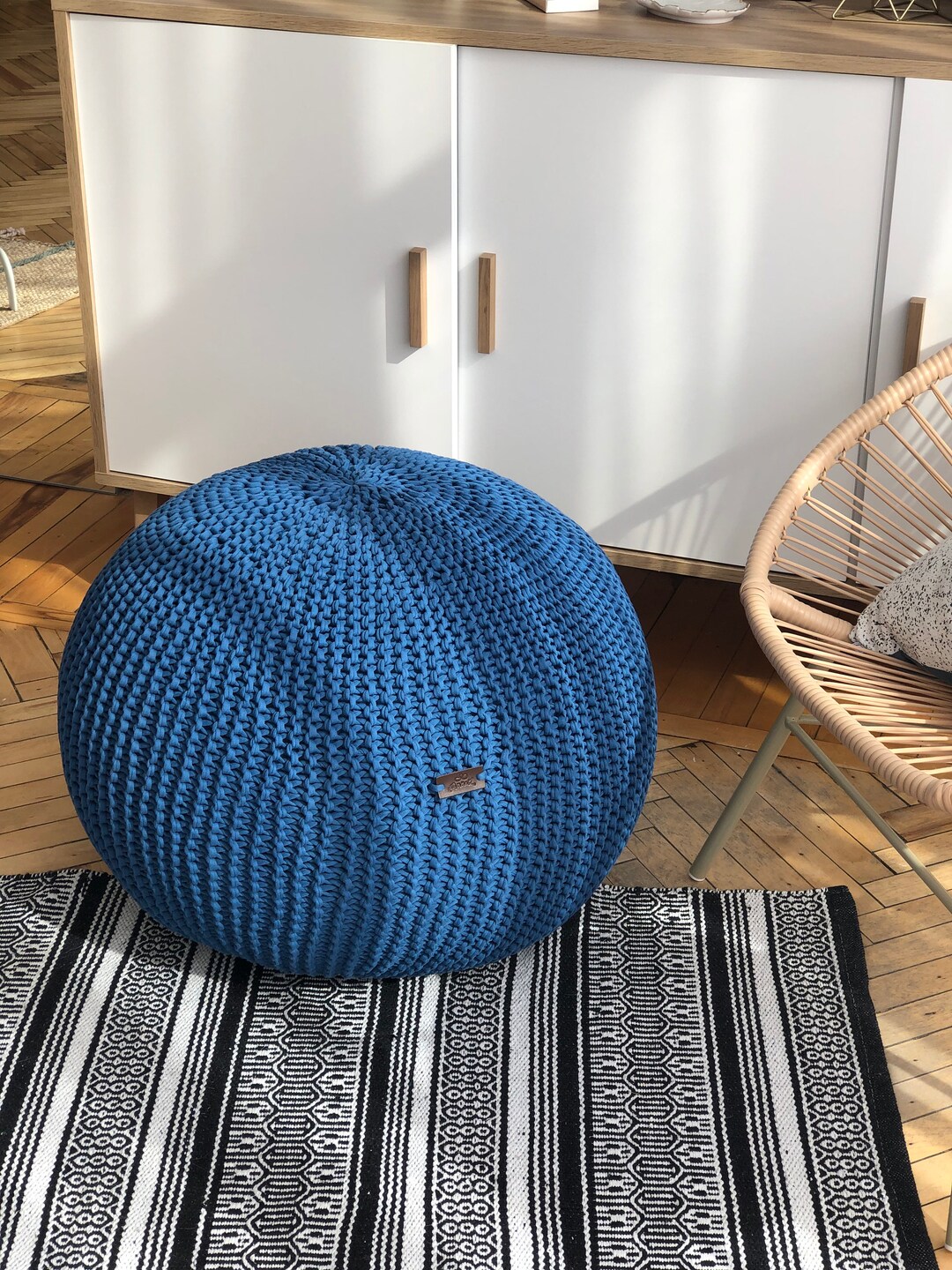 Knitted Round Blue Pouf for Living Room Footstool Ottoman - Etsy