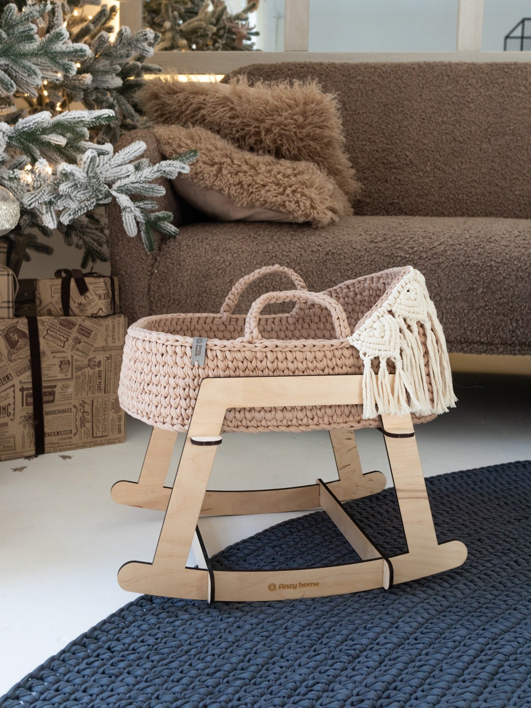 Doll Moses Basket With Macrame Decor, Doll Cradle, Baby Doll Furniture ...