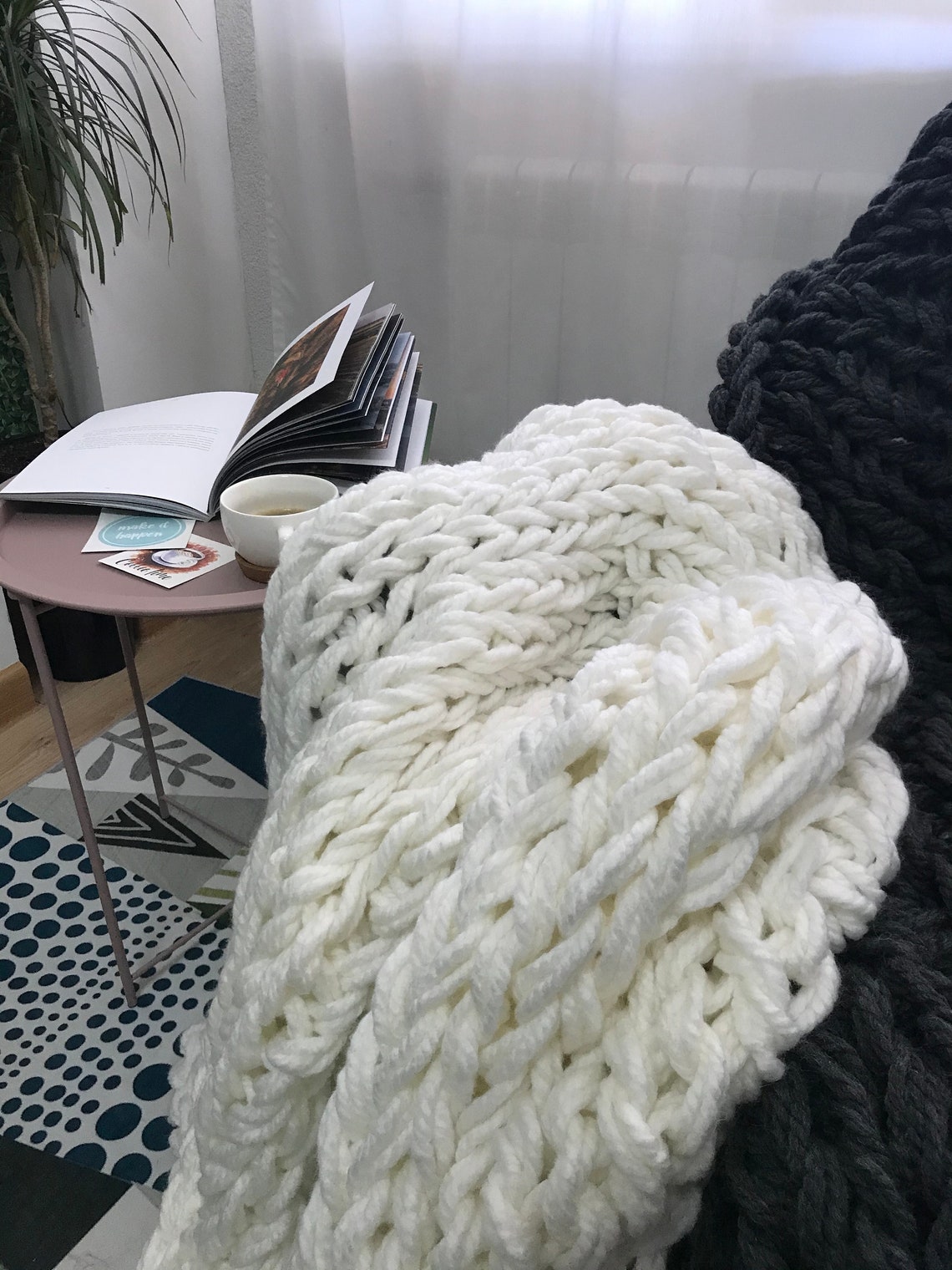 White chunky knit blanket | Etsy