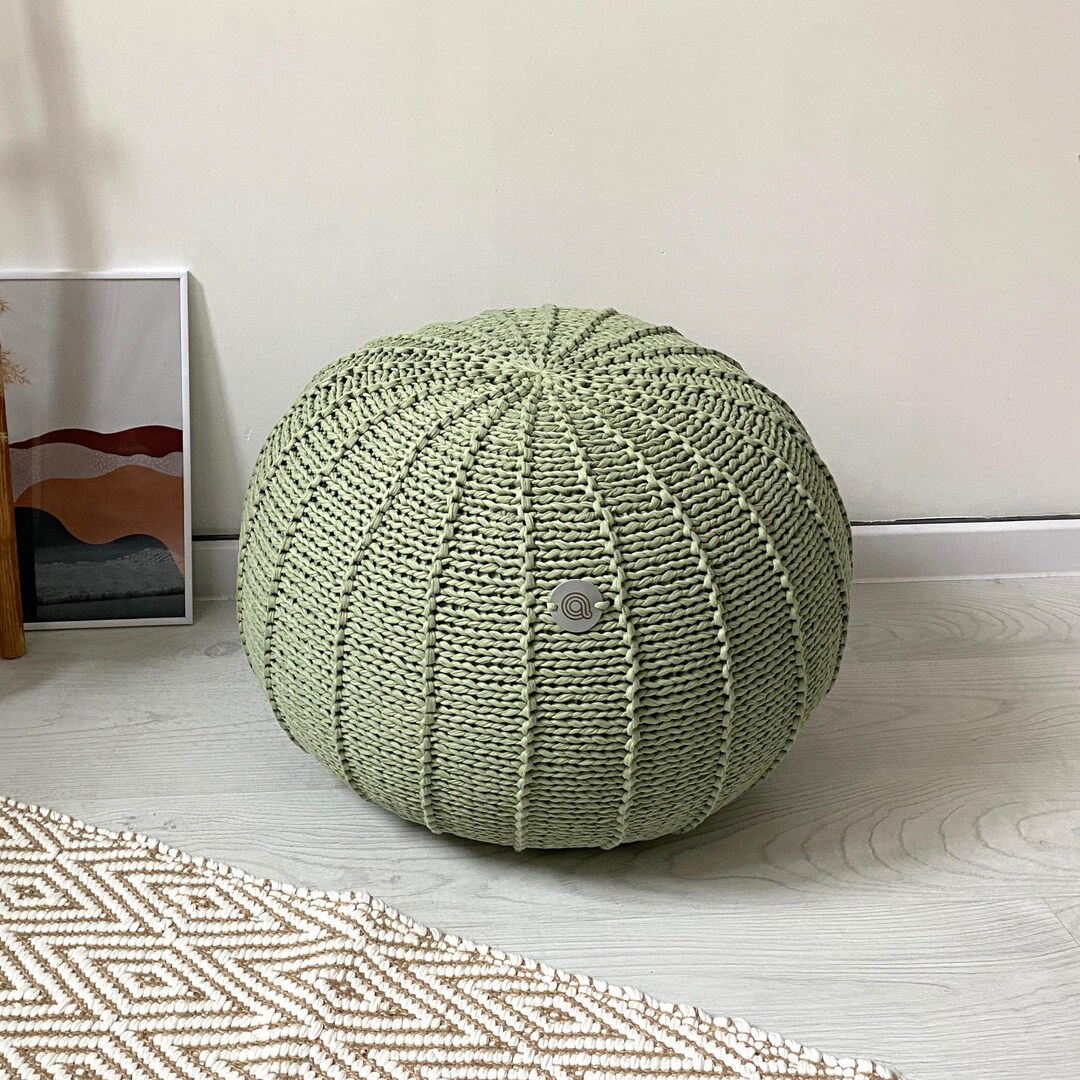 Sage Green Knitted Pouf | Knitted Green Pouf Ottoman | Crocheted Sage ...