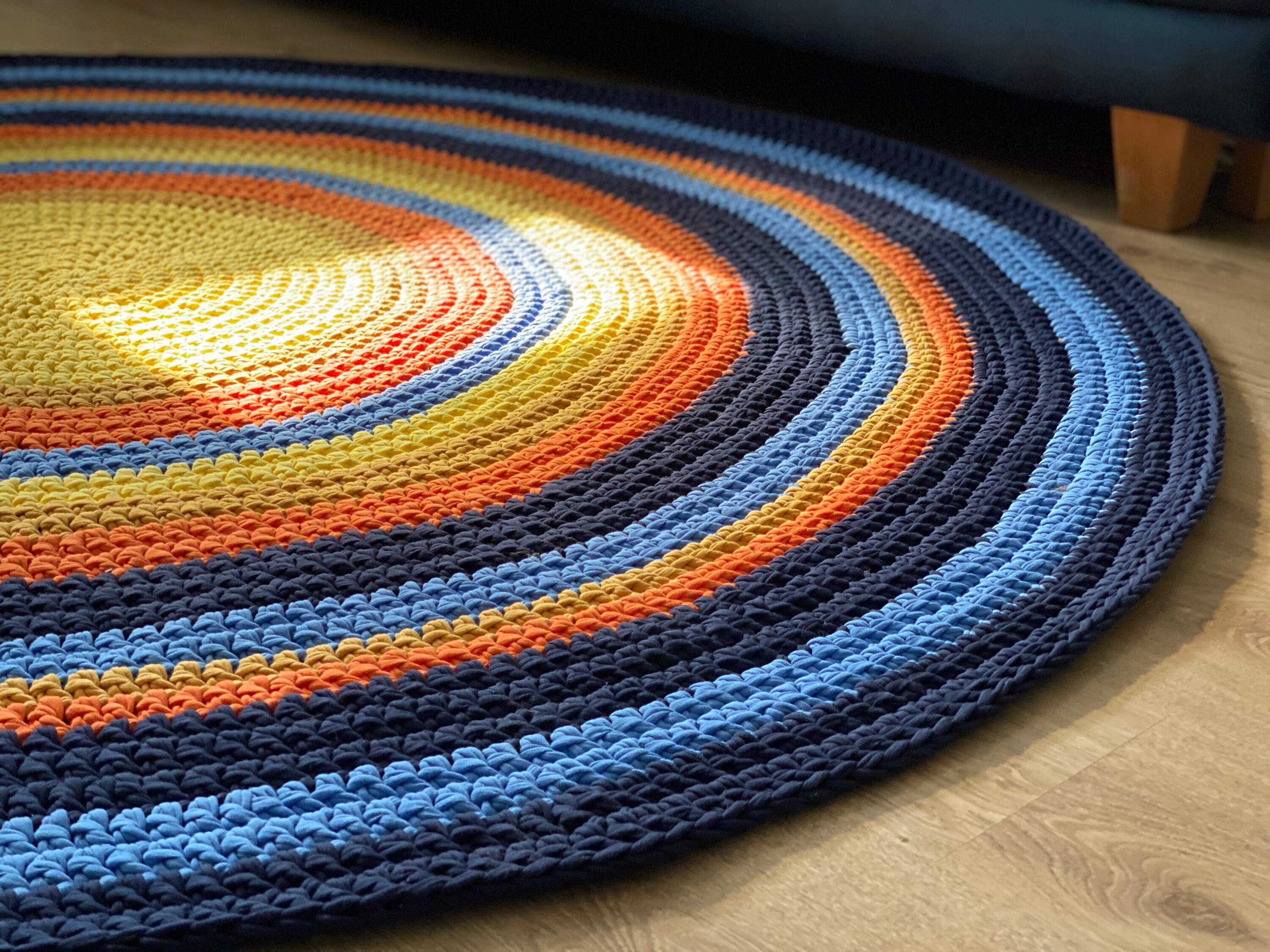 Round Space Rug Yellow Orange Blue Black Striped Bedroom - Etsy
