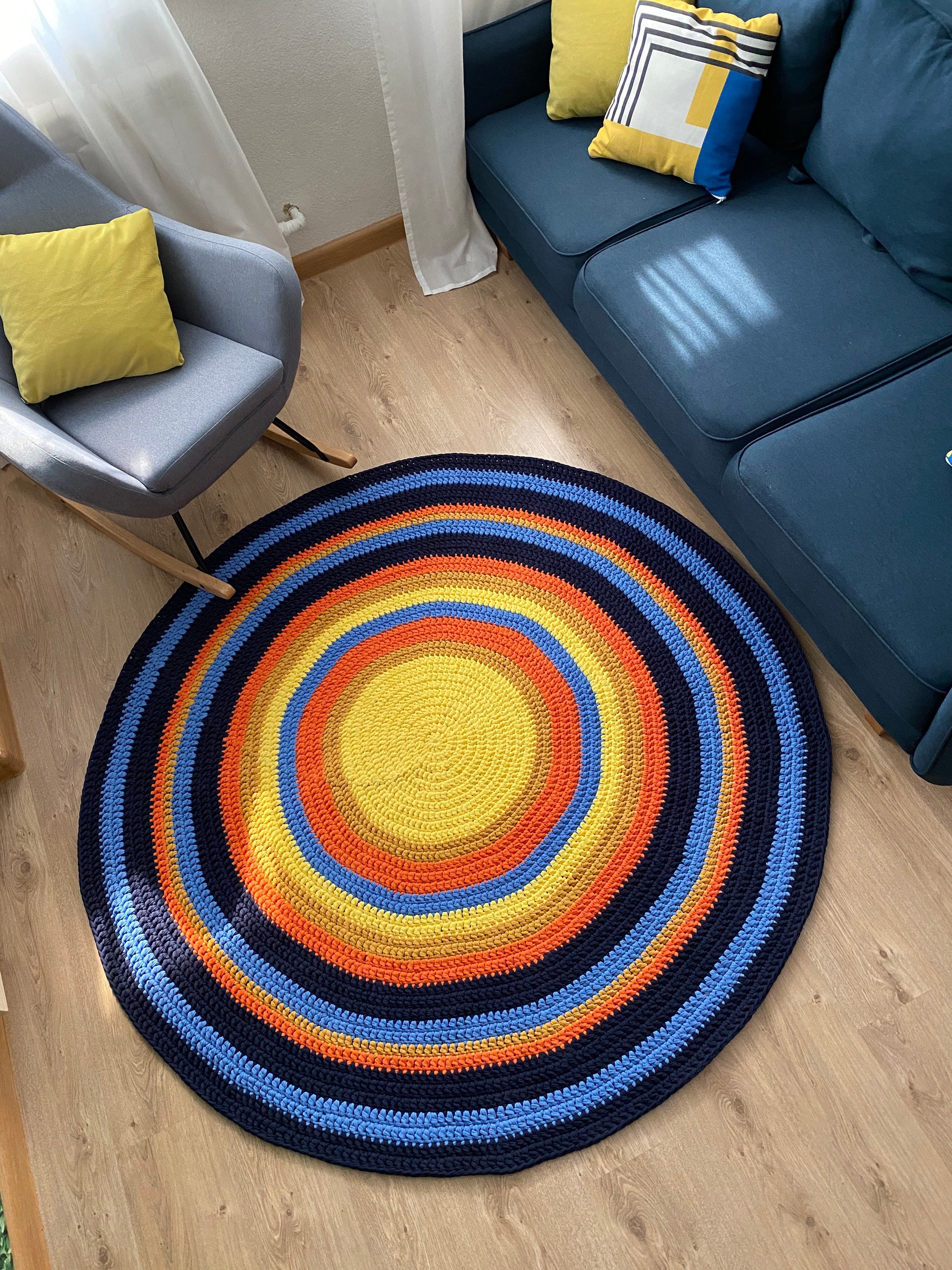 Round Space Rug Yellow Orange Blue Black Striped Bedroom - Etsy