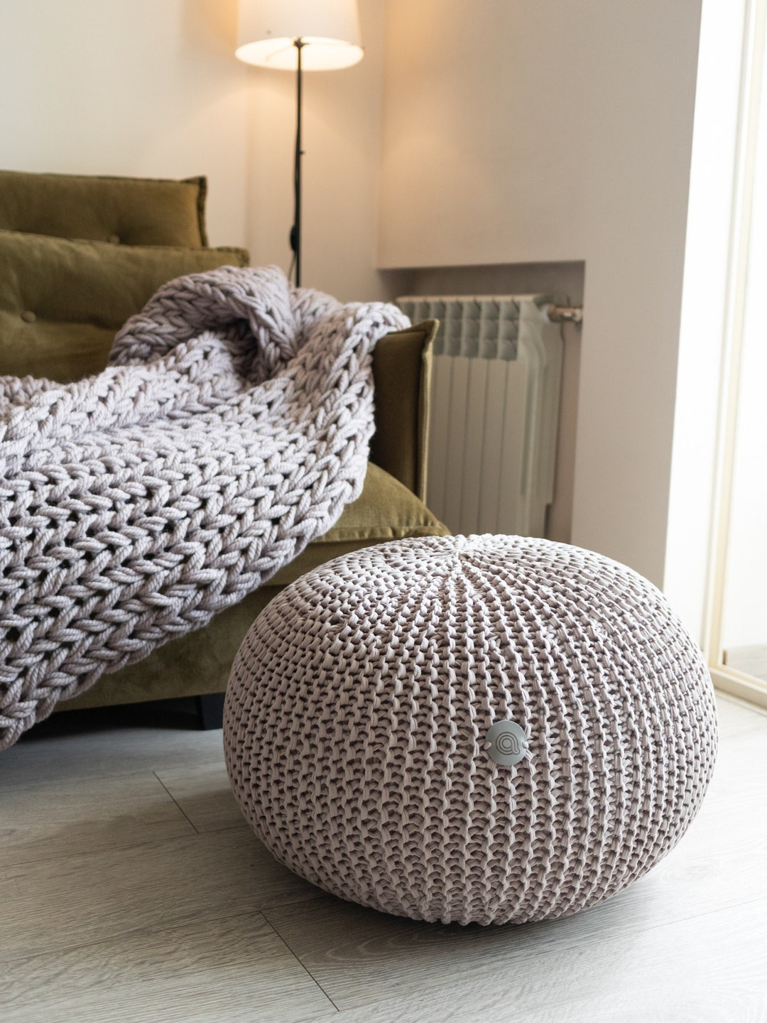 Pale Mauve Knitted Pouf, Chartreuse Floor Pouf Ottoman, Knitted Pouf ...