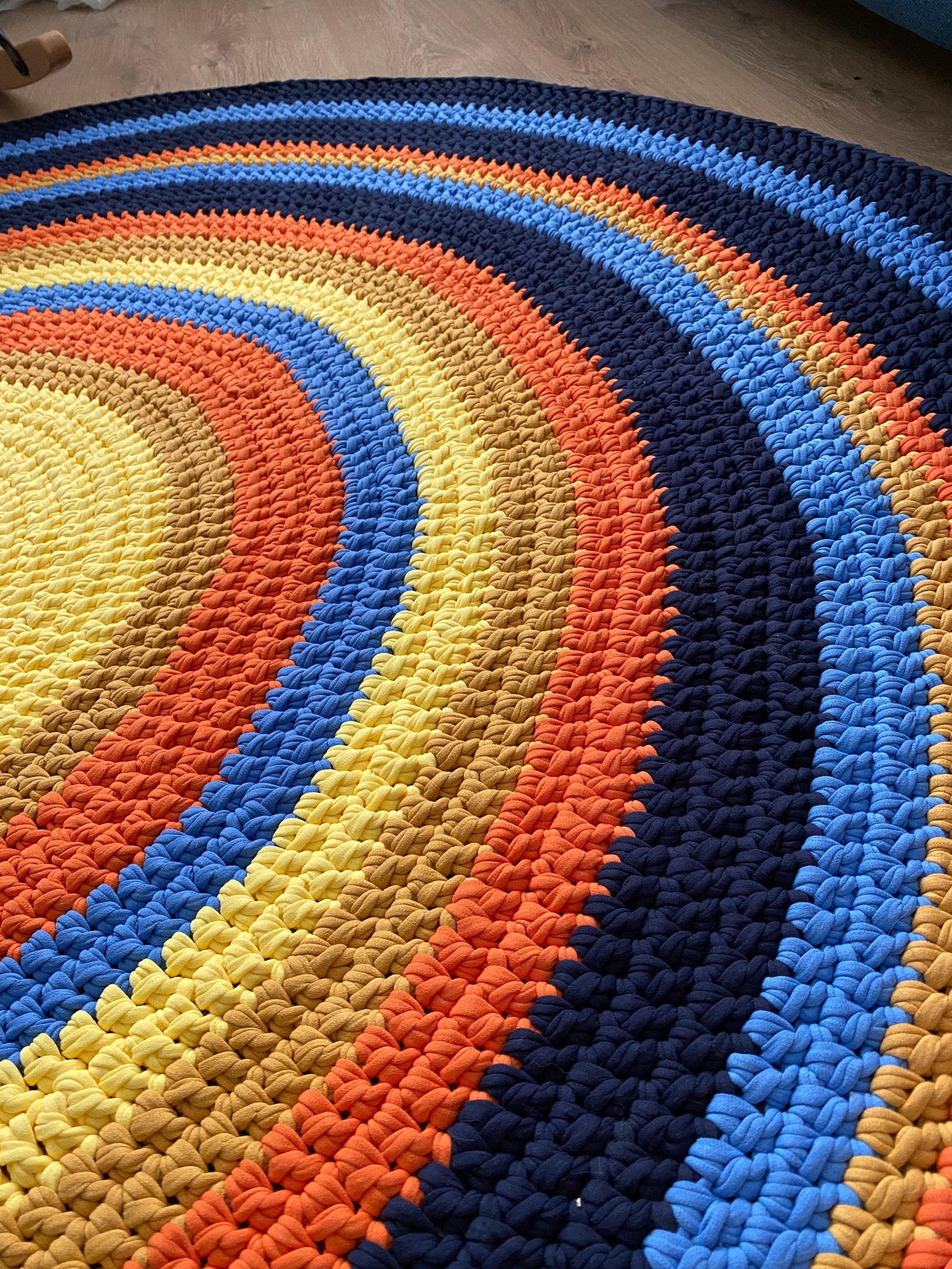 Round Space Rug Yellow Orange Blue Black Striped Bedroom - Etsy
