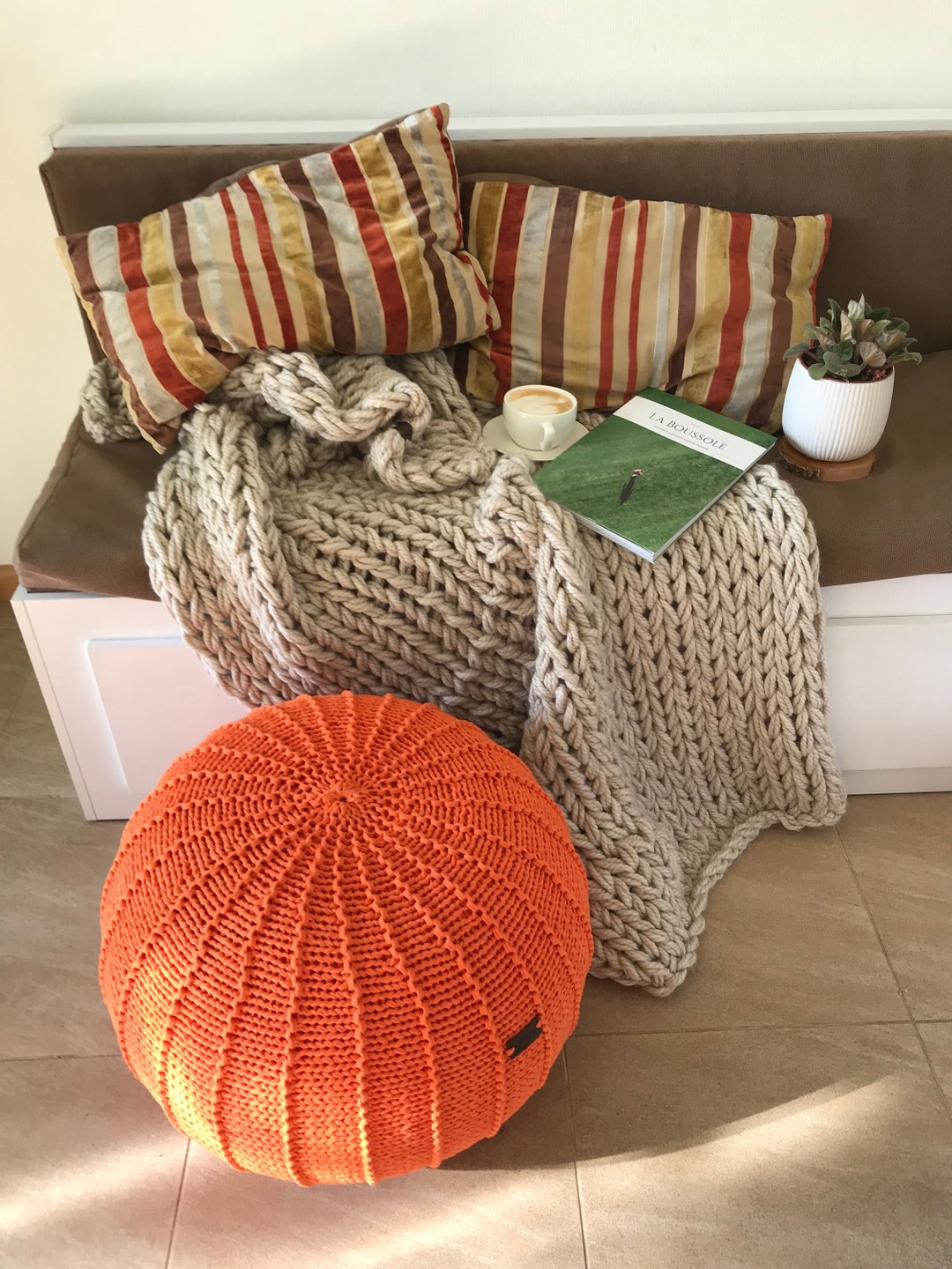 Knitted Ottoman, Housewarming Gift, Ottoman Cushion, Knit Footstool ...