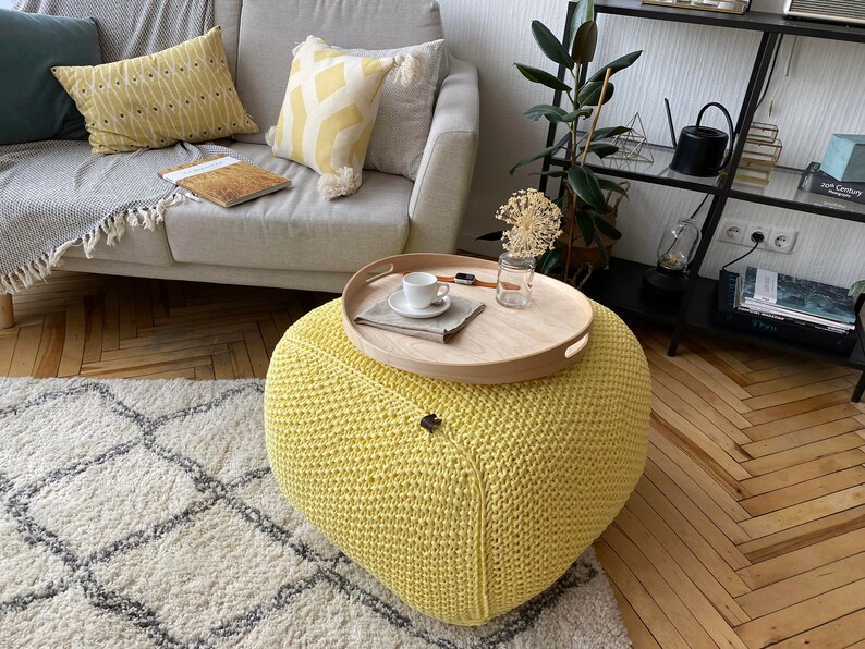 Lemon bright knitted pouf Coffee table Square pouf Floor pouf | Etsy