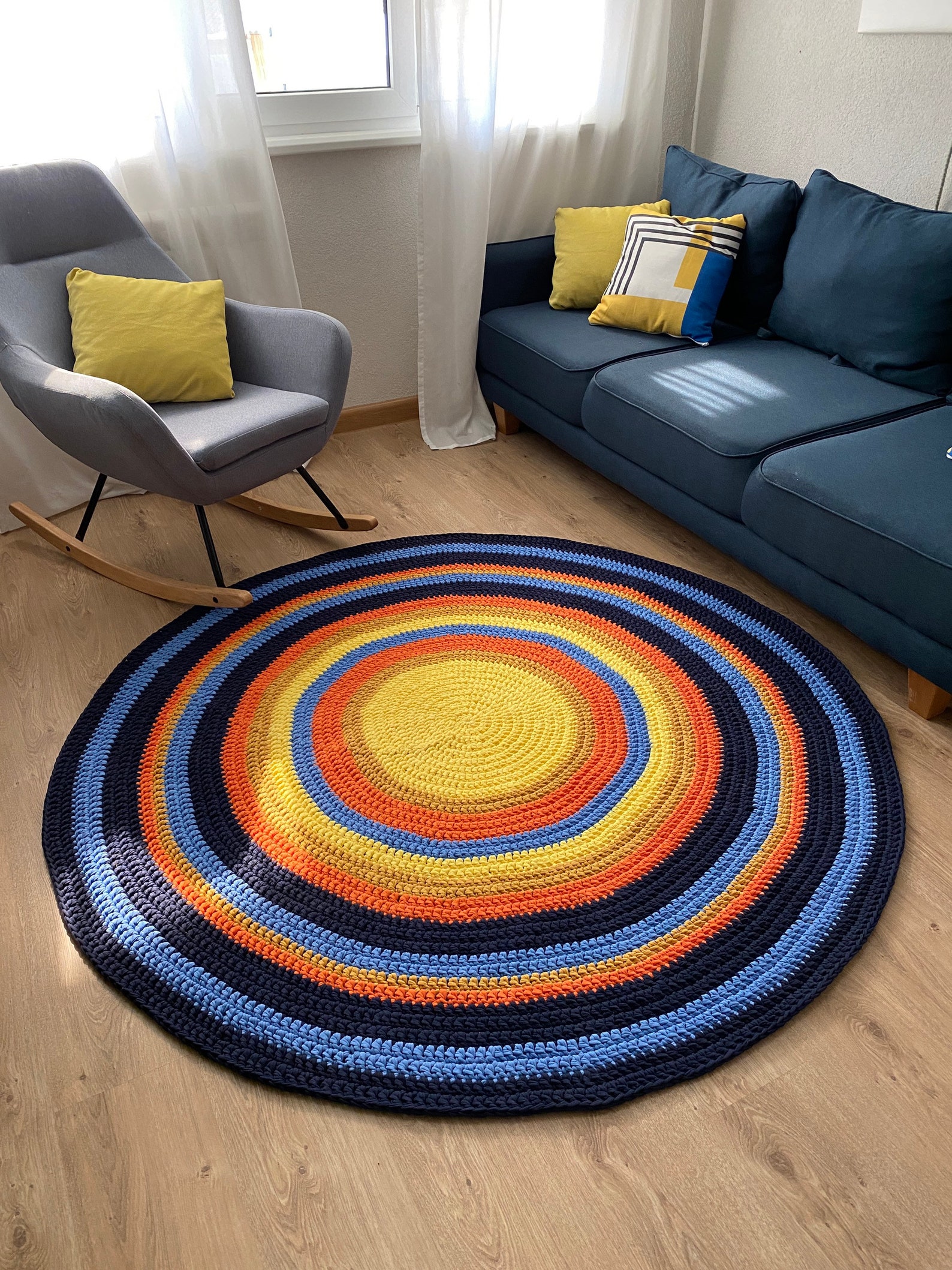 Round Space Rug Yellow Orange Blue Black Striped Bedroom - Etsy