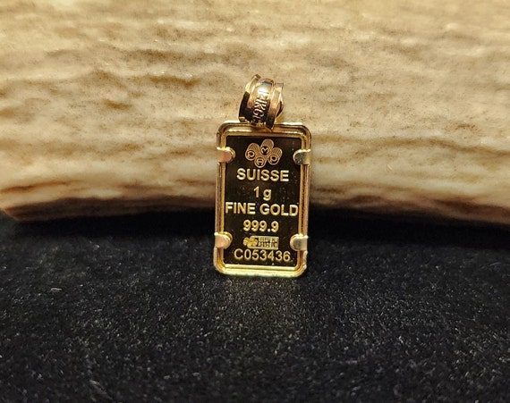1 Gram Fine Gold Rose Bar .999 in 14K Bezel Necklace Pendant Perfect Mother s Day or Valentine s Day Gift