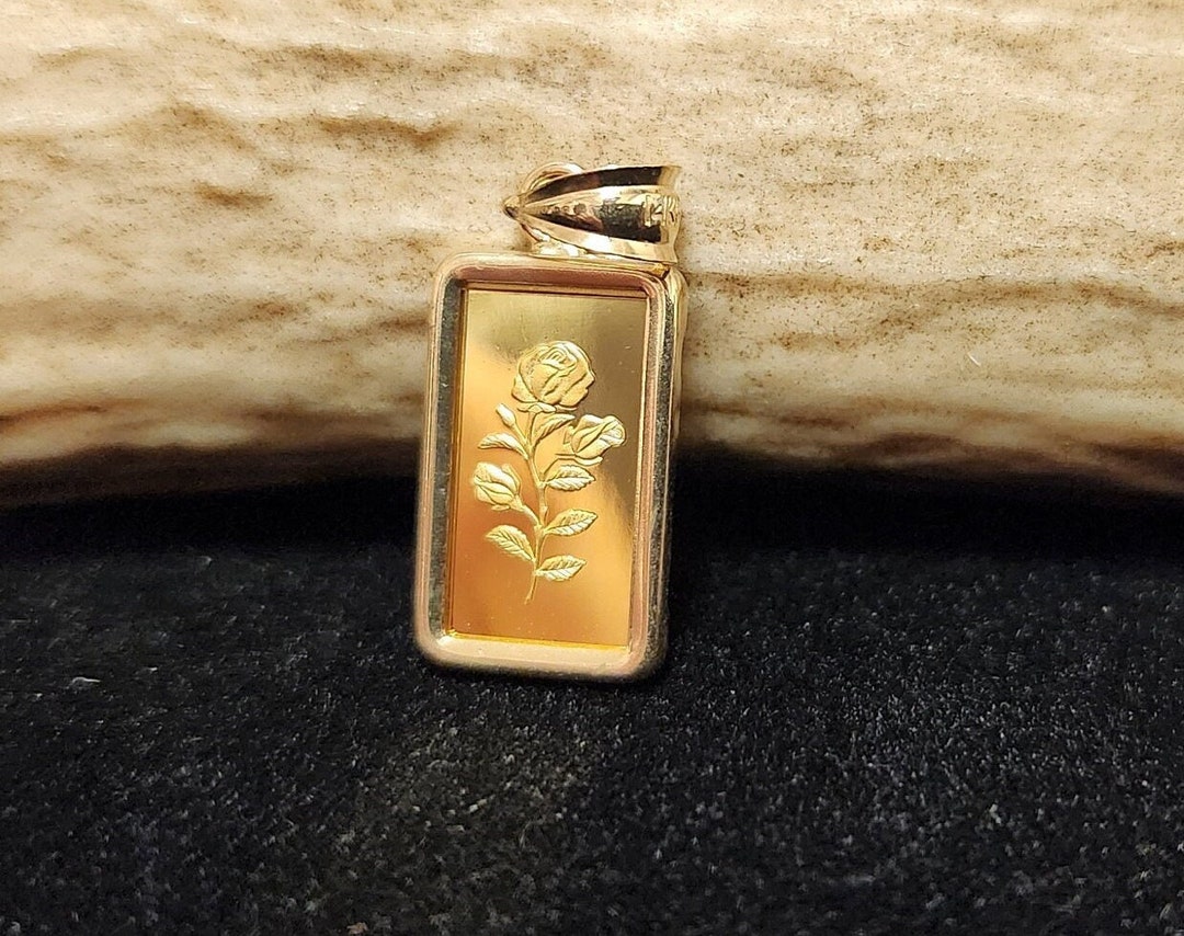 1 Gram Fine Gold Rose Bar .999 in 14k Bezel, Necklace Pendant - Perfect ...
