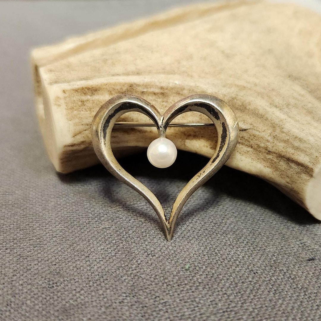 Vintage Sterling Silver Heart Brooch Pin With Pearl 1" X 1" - Etsy