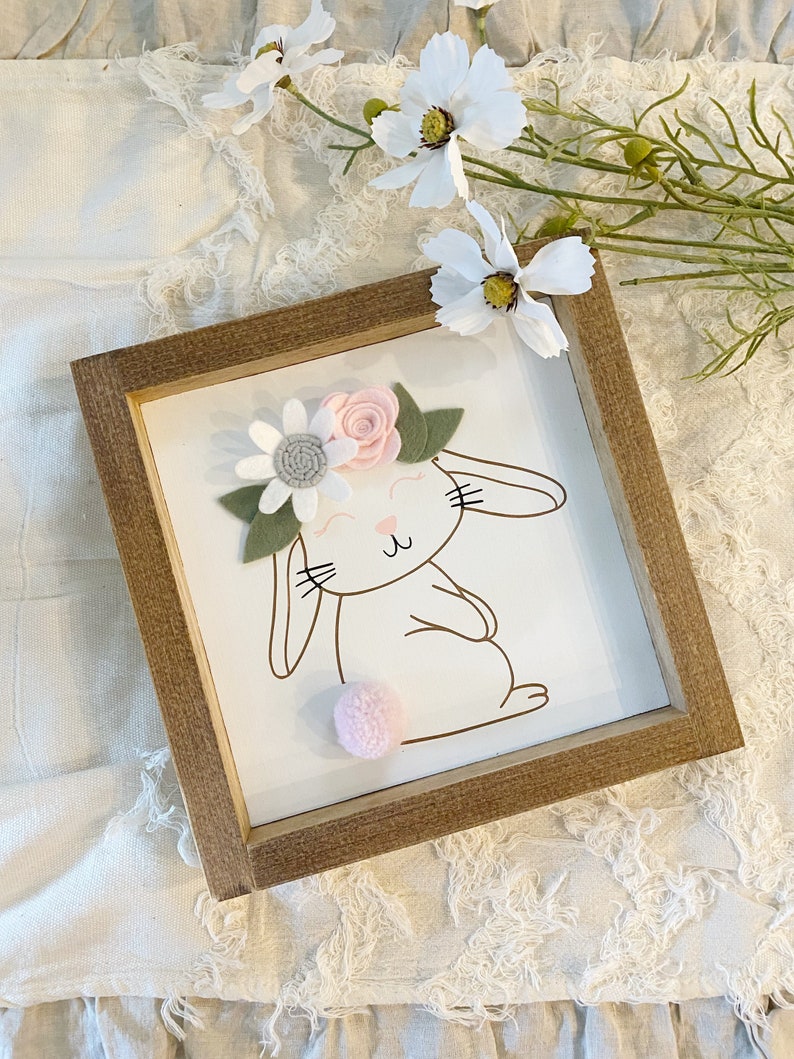 Bunny With Flowers on Her Head and a Pom Pom Tail Bunny Sign - Etsy