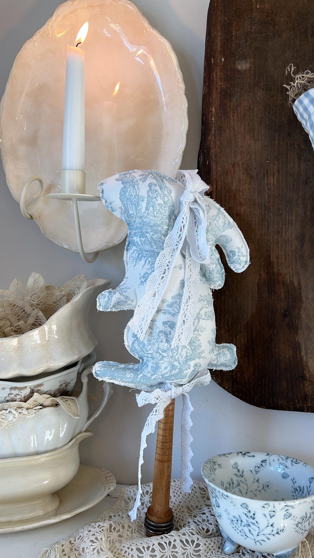 Blue Toile Bunny on a Vintage Sewing Spool, Easter Decor, Spring Decor ...