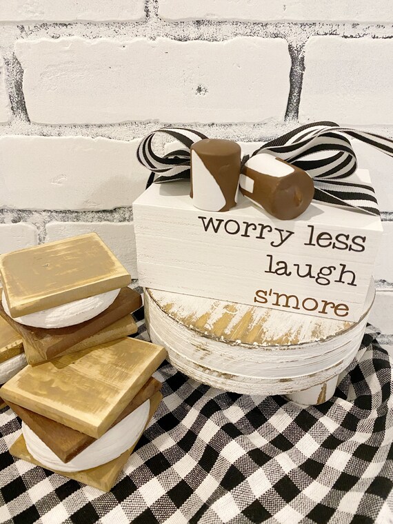 Worry Less Laugh Smore Wooden Book Stack Gift Faux Books | Etsy