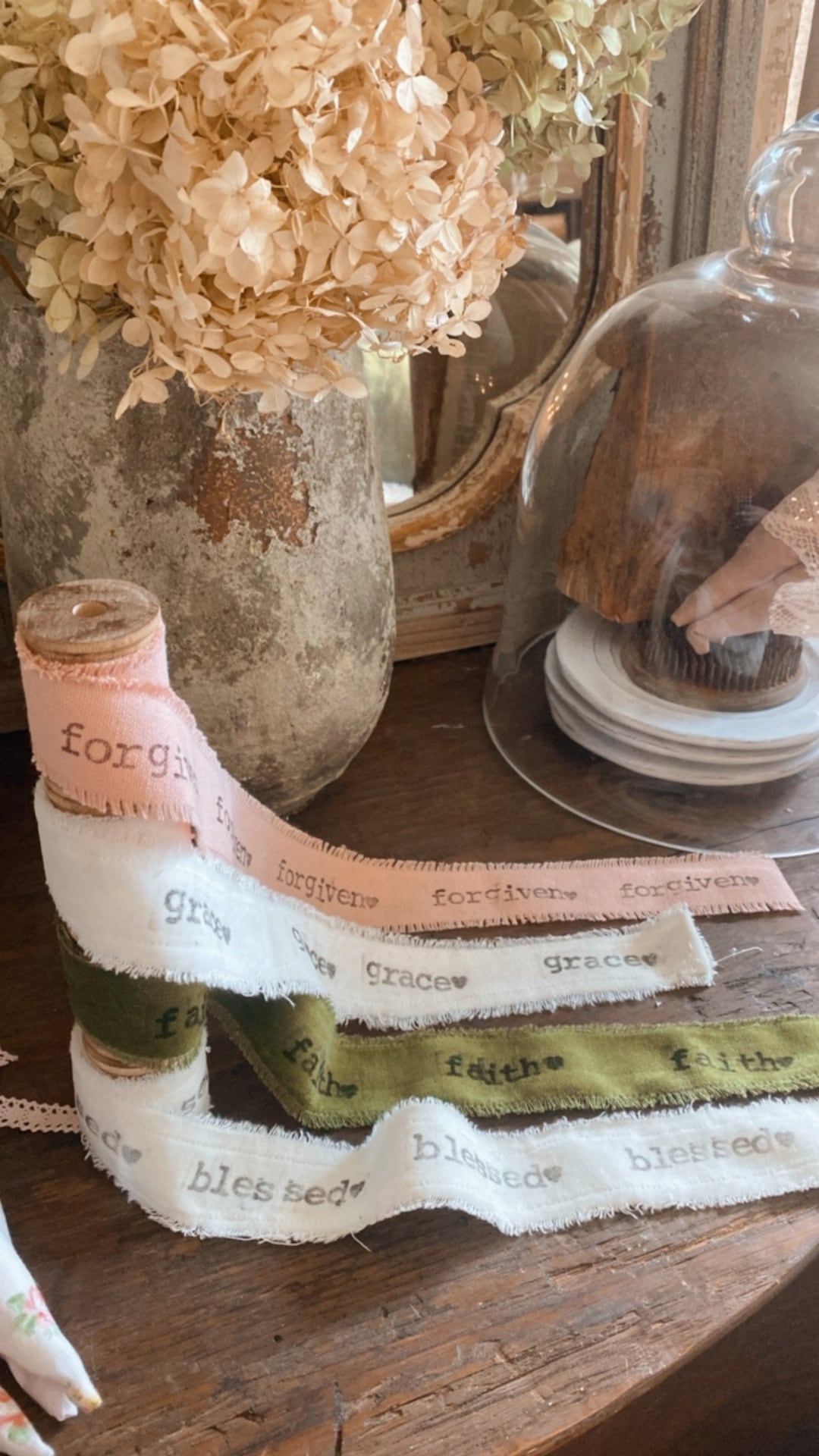 Hand Stamped Ribbon on a Antiqued Wooden Spool, Religious Decor ...