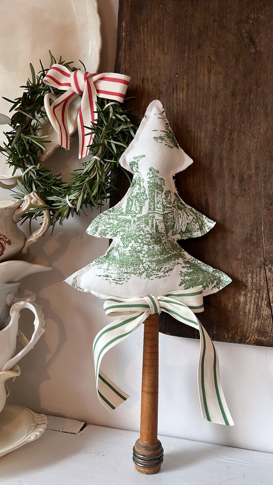 French Toile Christmas Tree on a Vintage Spool, Christmas Decor ...