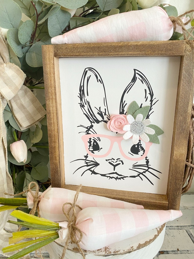 Bunny Sketch Sign With Felt Flowers & Glasses Easter Sign - Etsy