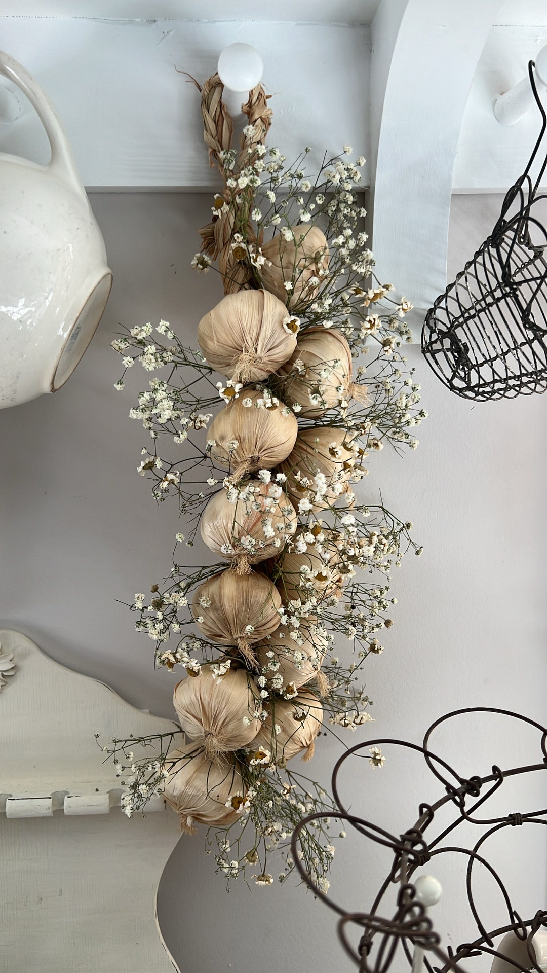 Faux Garlic Braid, Faux Garlic Braid With Dried Flowers, Garlic Decor ...