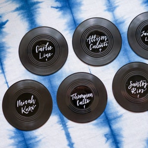Mini 4" Vinyl Faux Record Coaster Calligraphy Escort Cards|80s Retro ...
