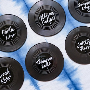 Mini 4" Vinyl Faux Record Coaster Calligraphy Escort Cards|80s Retro ...