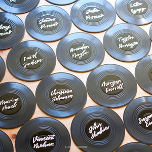 Mini 4" Vinyl Faux Record Coaster Calligraphy Escort Cards|80s Retro ...