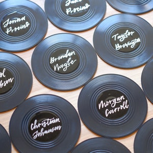 Mini 4" Vinyl Faux Record Coaster Calligraphy Escort Cards|80s Retro ...