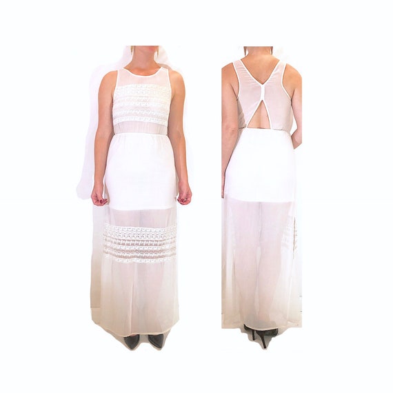 Sheer Paneled White Dress with Embroidery Detail, Pee… - Gem